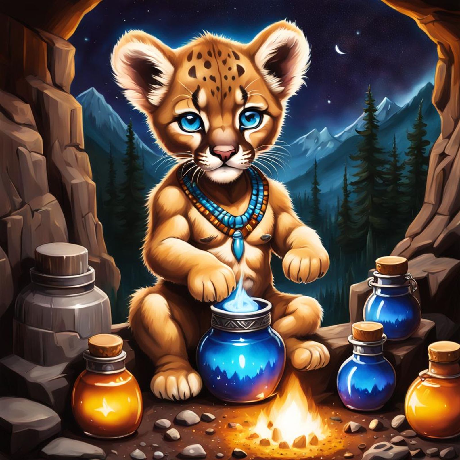 Chibi Native American Cougar cub making healing potion - AI Generated ...