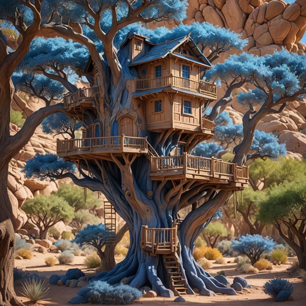 dadaesque treehouse in the desert with blue trees - AI Generated ...