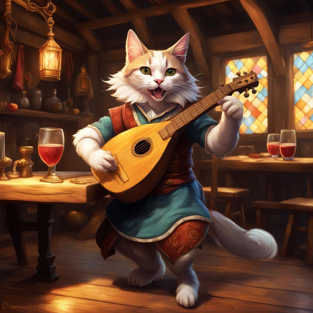 A bard cat dancing and singing, playing the lute on a table in a tavern ...