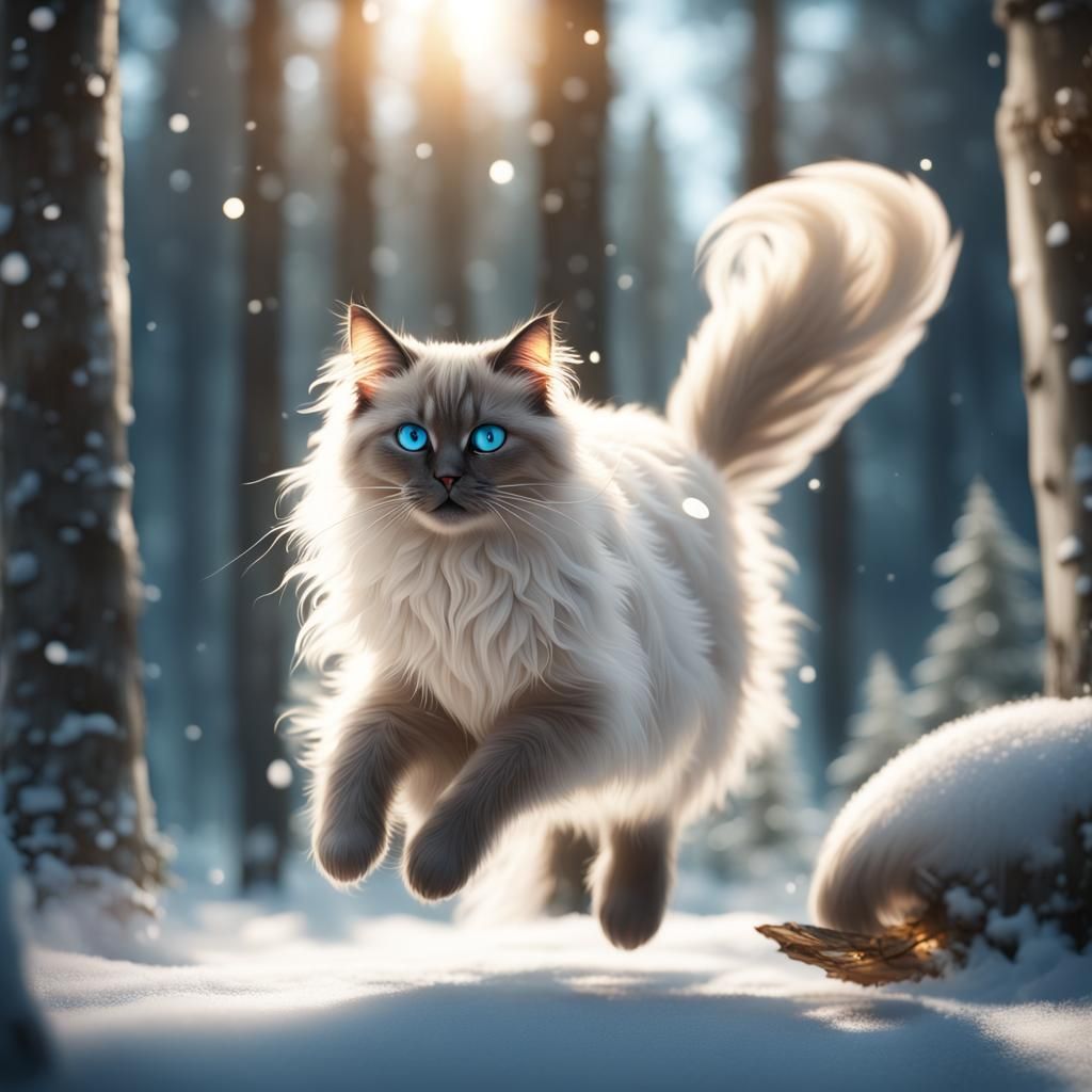Ragdoll-cat made of ice and snow jumping on mouse in forest with sun ...