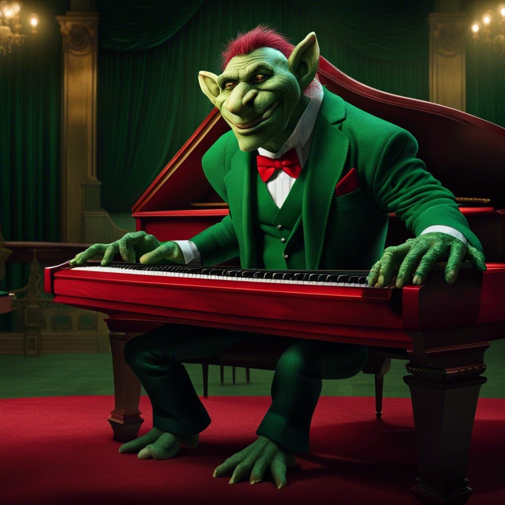 A tall, green-skinned, big-nosed troll dressed in a fashionable emerald ...