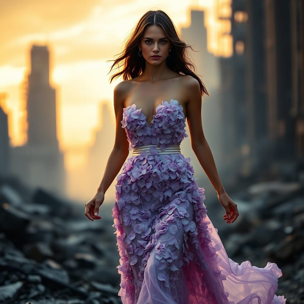 A cinematic photo of a brunette fashion model wearing a magical lilal ...
