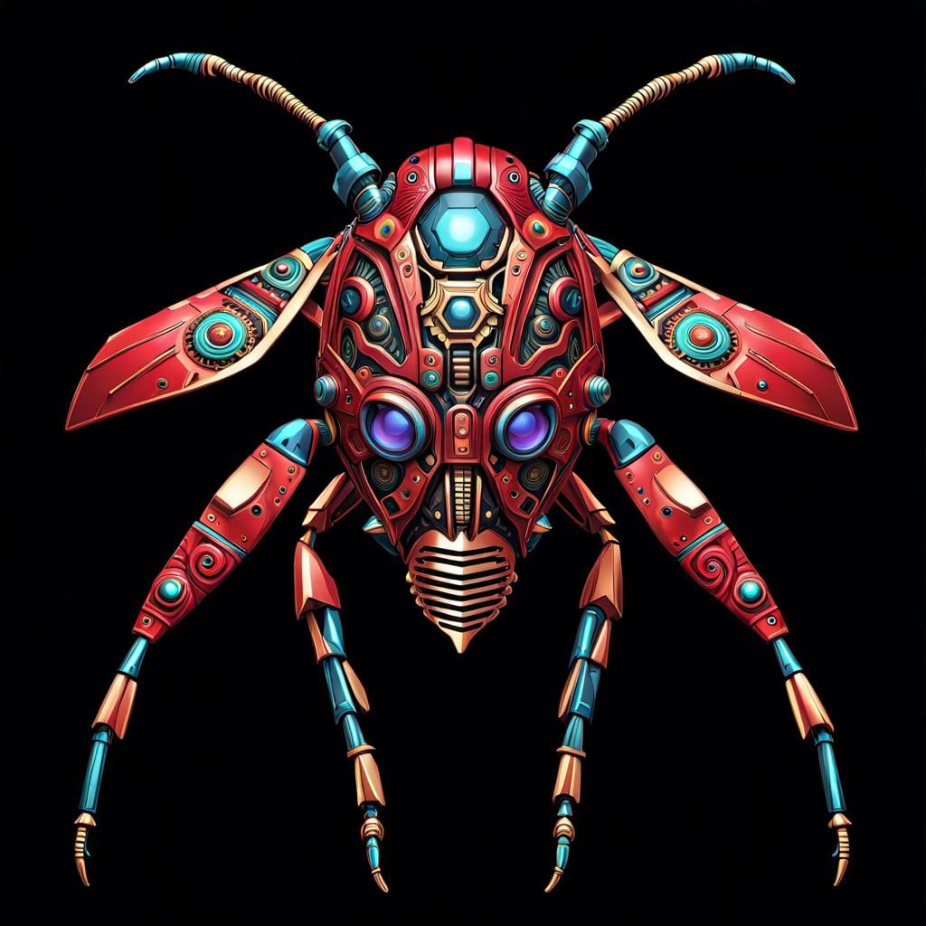 A red mechanical bug on a black background, Aztec patterns, bismuth ...