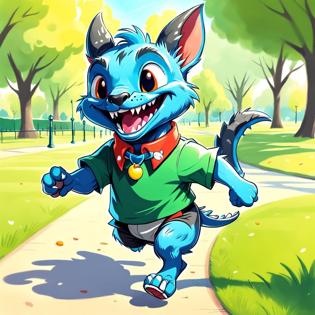 Cute happy Chupacabra with a collar, running after the ball in the park ...