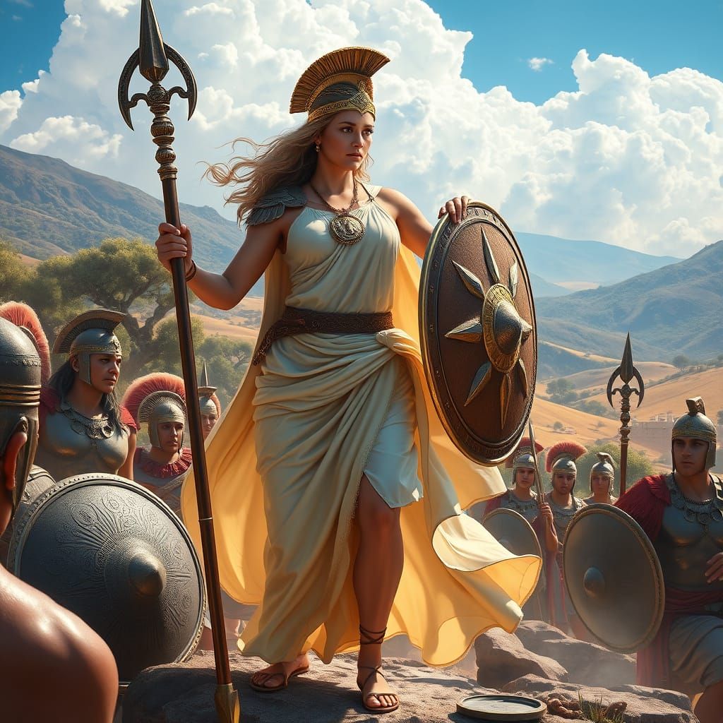 Greek Goddess Athena in Heroic Stance, Medusa Meda... - AI Art