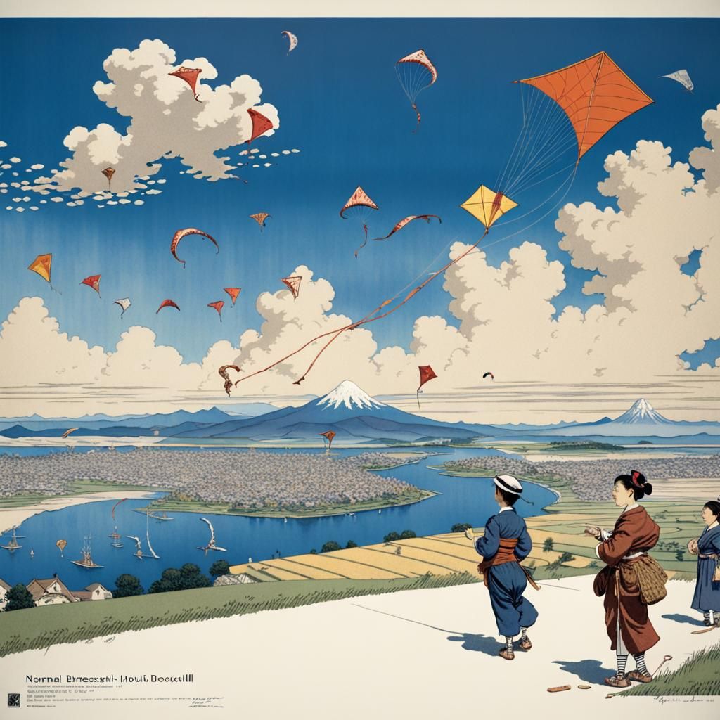 16k resolution, art by Katsushika Hokusai and Norman Rockwell. A vast ...