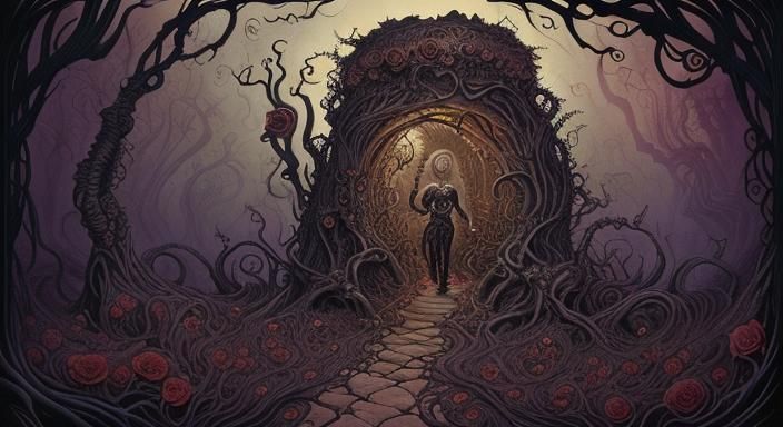 ornate, bones, woven, eyes, roses, gnarly vines, cavern, whimsical ...