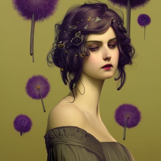 young woman, sad, dandelions, gothic, eerie, horror, yellow and purple ...