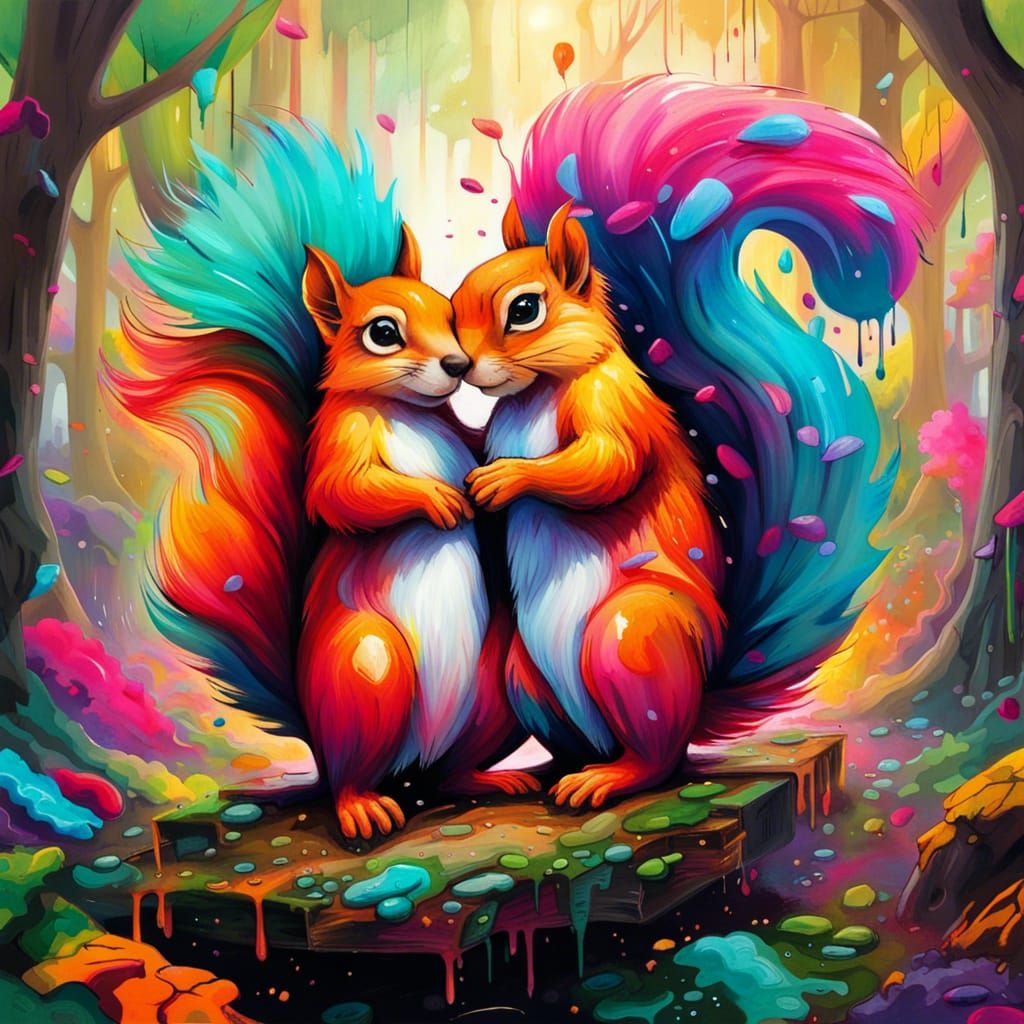 Two squirrel hug each other in a colorful fantasy forest - AI Generated Artwork - NightCafe Creator