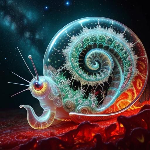 Transparent glass snail-shell filled with bioluminescent fractal plants ...