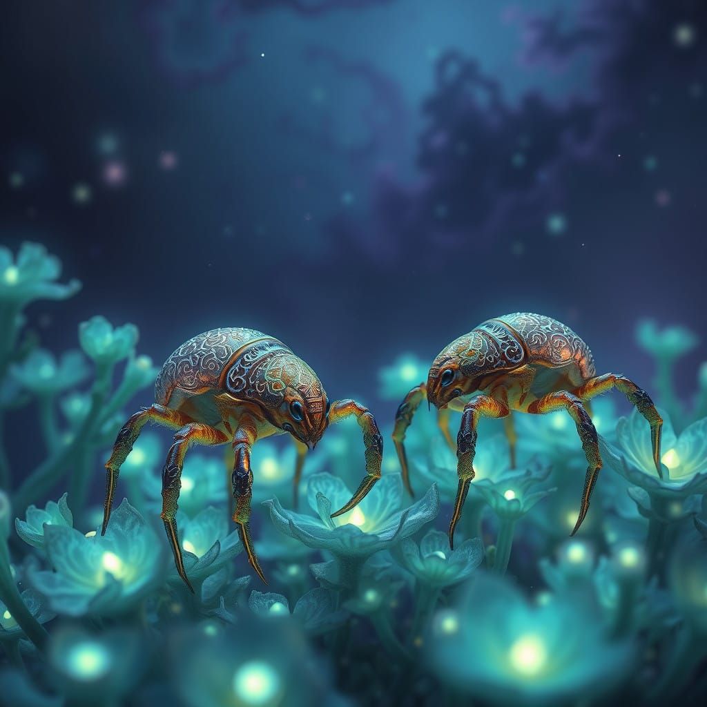 Swirling nebulae of amethyst and jade illuminate bioluminescent flora ...