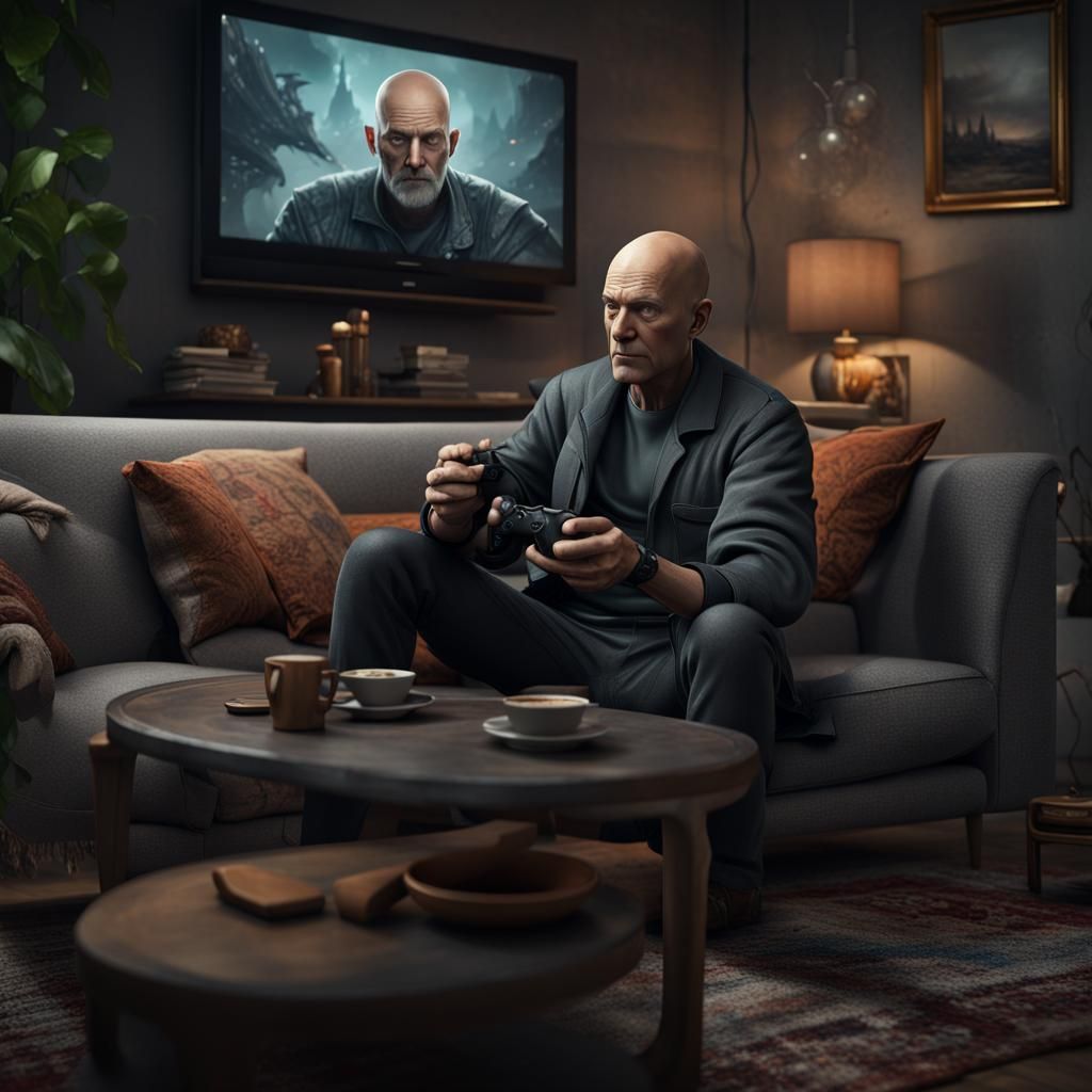 A bald man, in his 50s, is siiting on a grey couch playing a game on ...