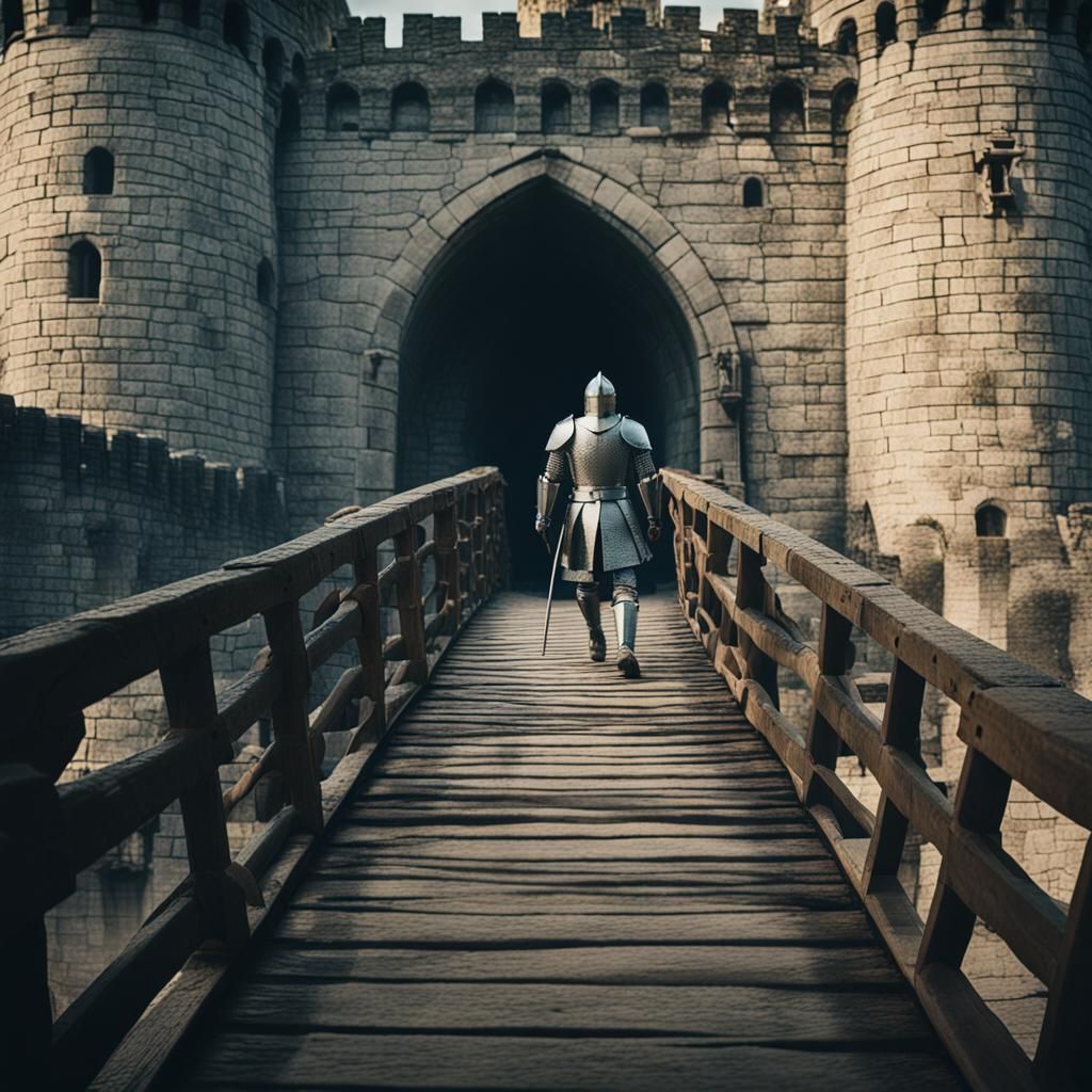 A knight walking over the drawbridge of a large stone castle - AI ...