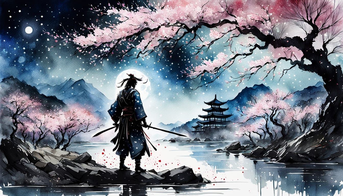 Samurai by Cherry Blossom Tree Under Starry Moonli... - AI Art