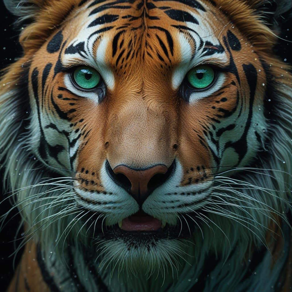 A close-up portrait of a mysterious tiger with glowing emerald green eyes