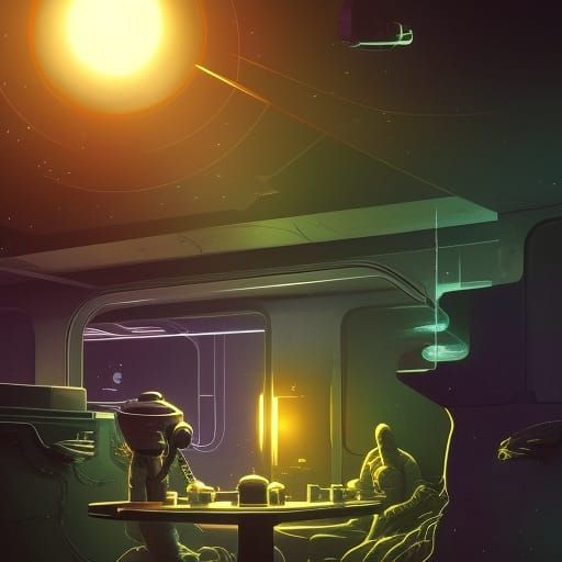 Coffee shop in the middle of space with aliens, astronauts and zombies ...