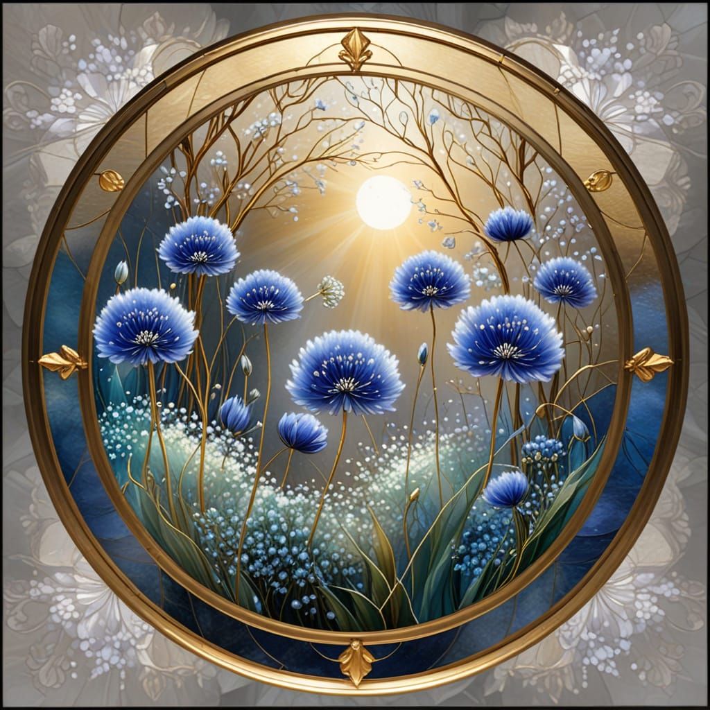 round Stained-glass art, a Azure blue-Allium flowers and Babys breath ...