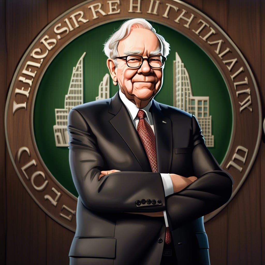 Warren Buffett standing in front with his arms crossed, with a giant ...