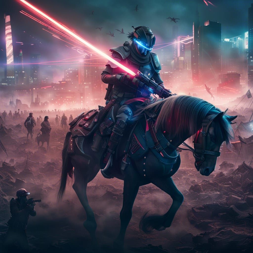 A laser canon on a horse in a cyberpunk battlefield with swords and ...