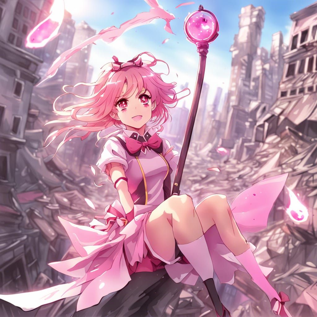 Pink magical girl smiling and flying sitting on a magic staff over a ...