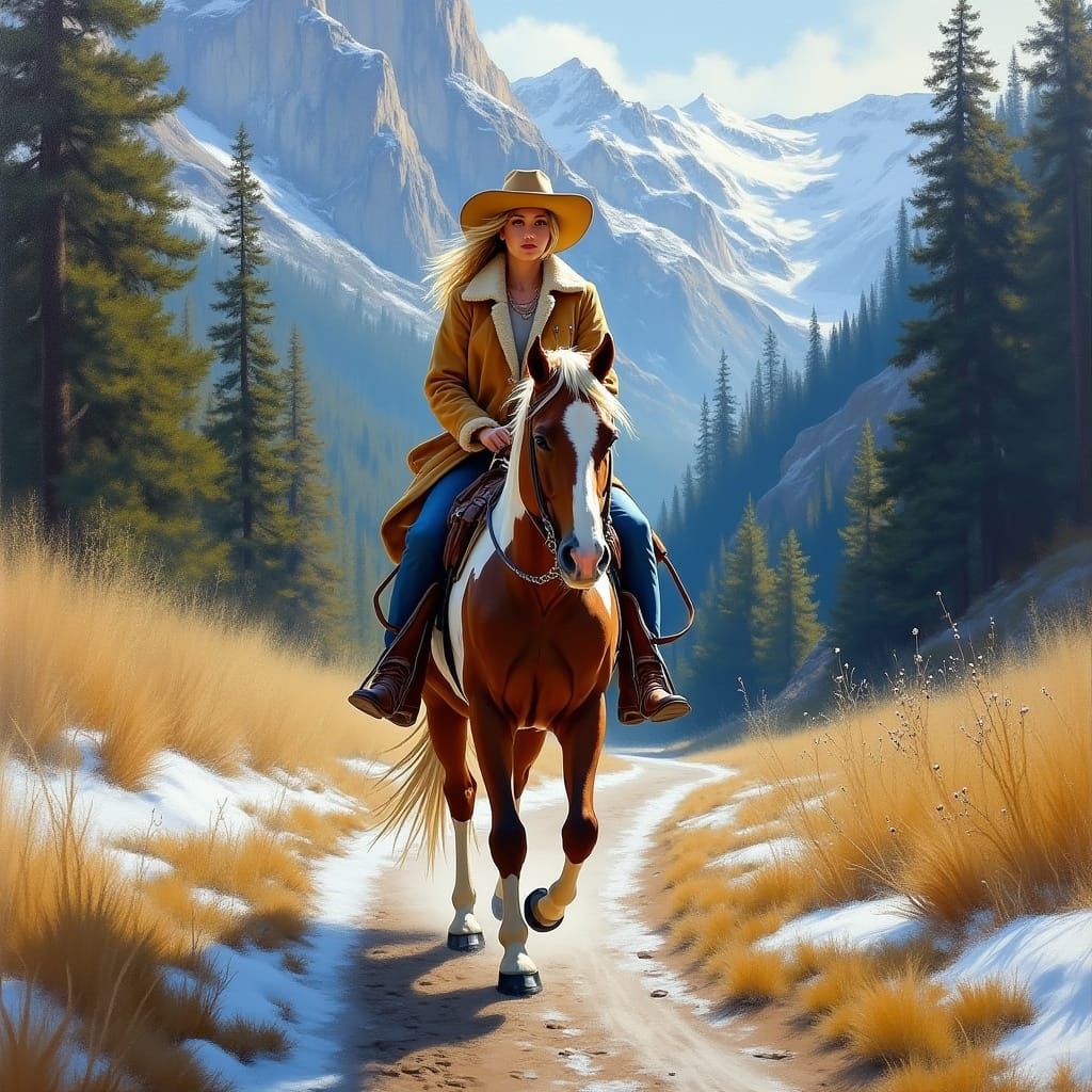 "Comin' at Ya'" - A Blond Cowgirl Rides Through a Sunlit Mou...