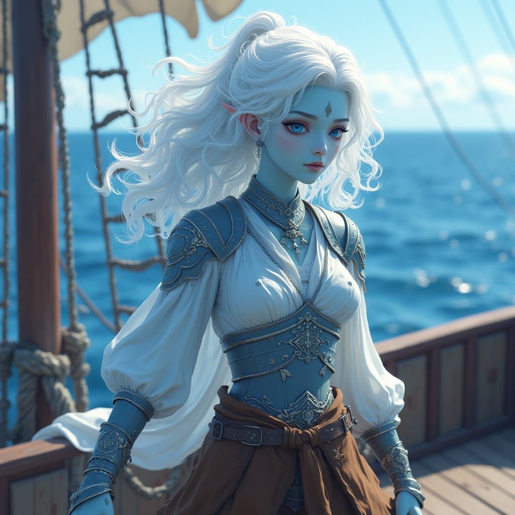 Ethereal Air Genasi Cleric on Majestic Ship - AI Art