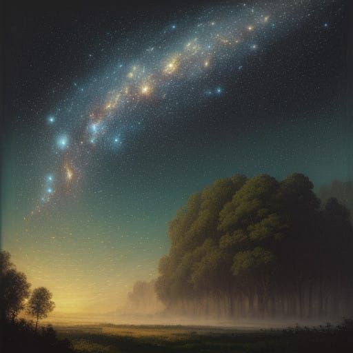 Shimmering Celestial Face in a Lush Forest Landsca... - AI Art