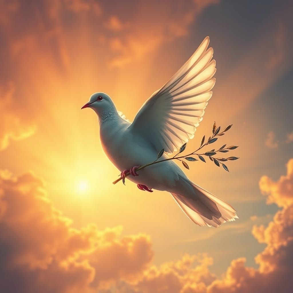 An ethereal dove carrying an olive branch through a glowing sunset sky ...