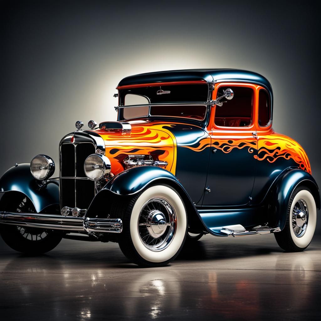 Vintage hot rod with custom flame paint job, captured in low key ...