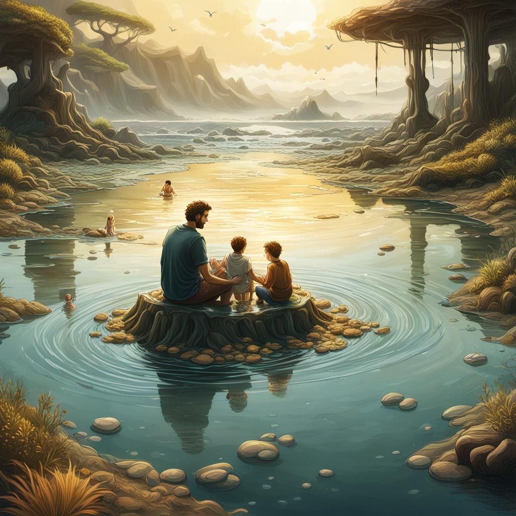 Mother and Son in Tidal Pool, Fantasy Concept Art - AI Art