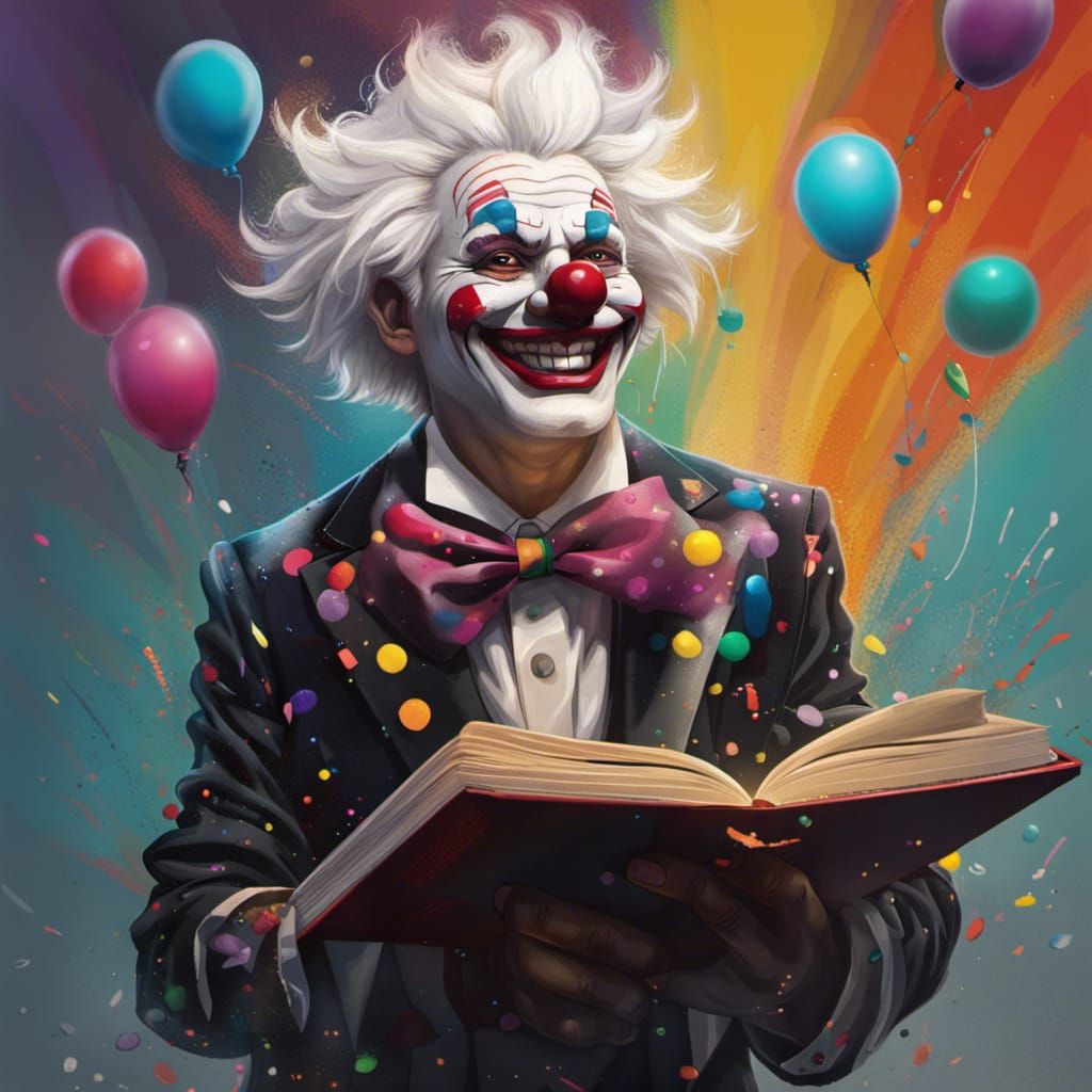 genius clown character, cheerful with white hair laughing. carrying a ...