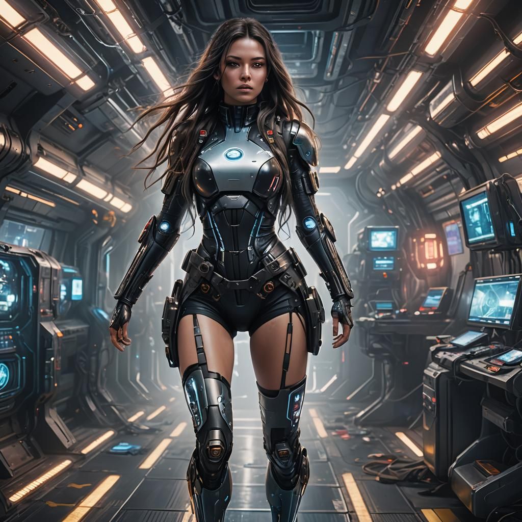 cybernized girl with cyberpunk prosthetics in single stockings, long hair, Spaceship inside ...