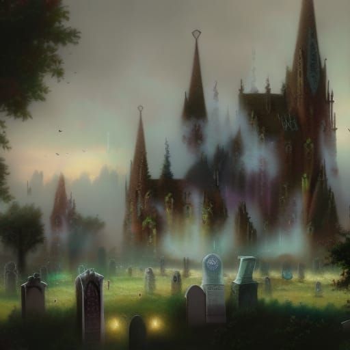 Ethereal gothic cemetery with Crypts and tombstones& haunting vibes ...