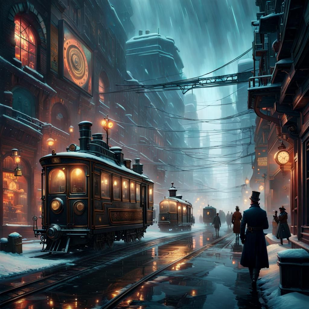 Steampunk winter - Steampunk City Engulfed in Winter Snowst...