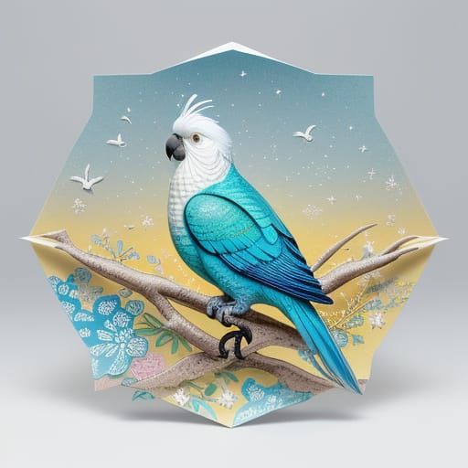 Whimsical Cockatoo on Origami Paper Fold in Vibran... - AI Art
