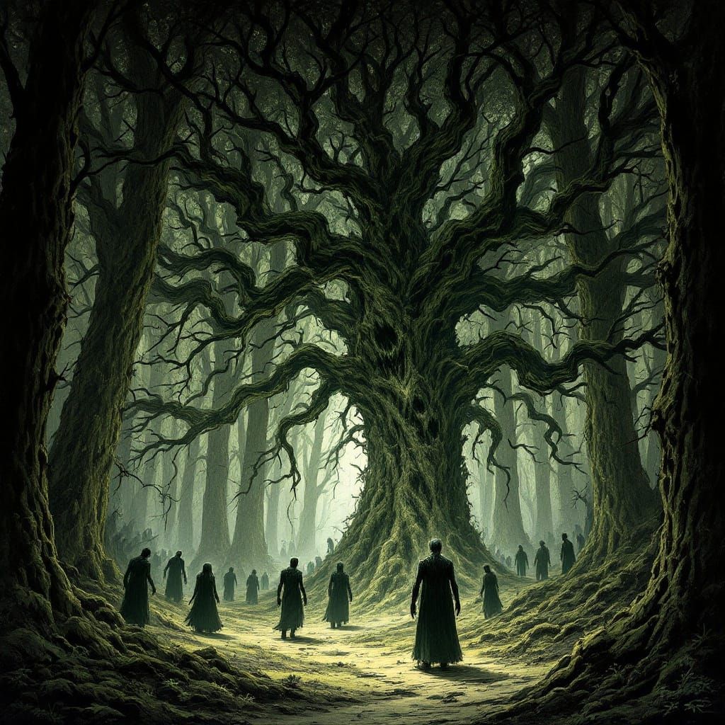 Surreal Dark Fantasy Landscape with Undead Trees a... - AI Art