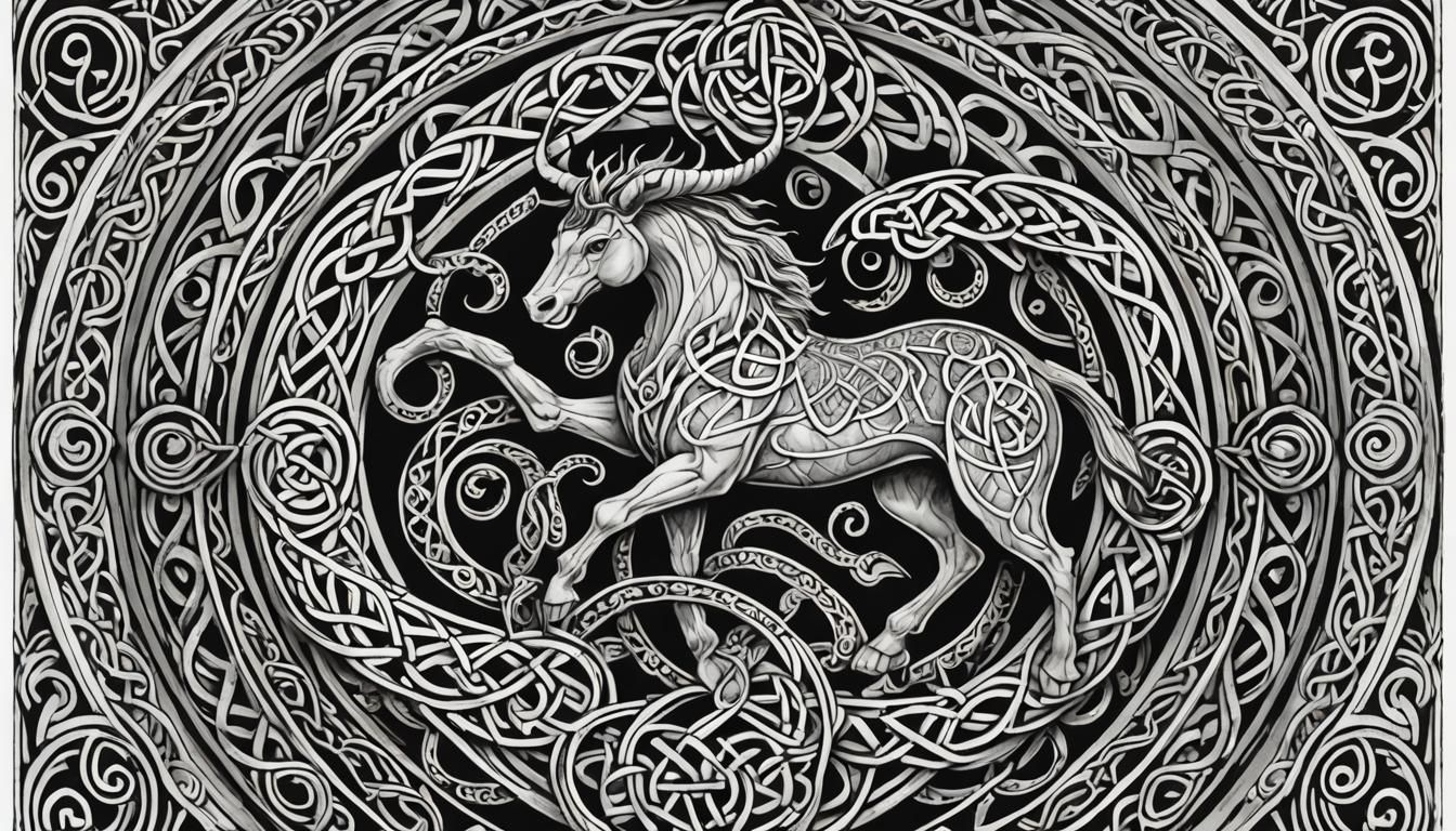 A Celtic illustration featuring mythical creatures with clean outlines ...