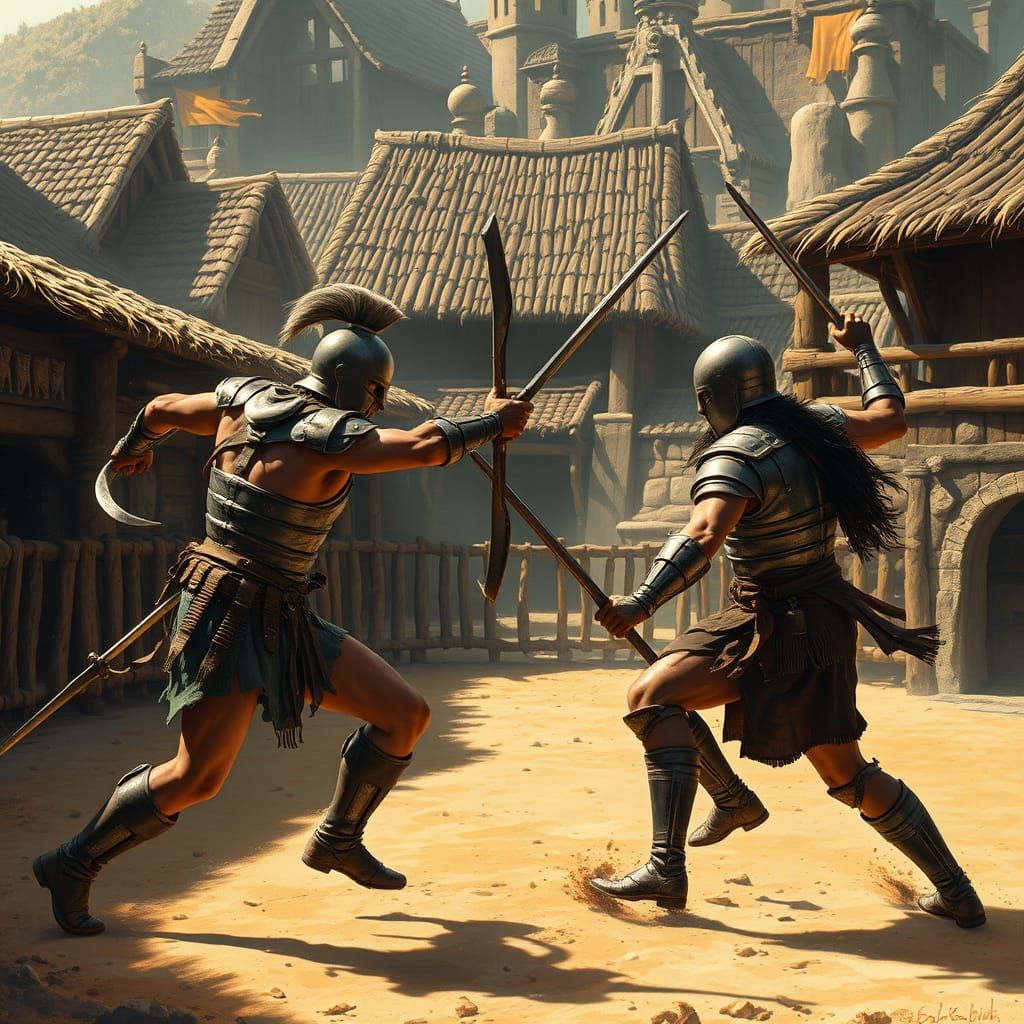 Gladiators Clash in Ancient Medieval Town - AI Art