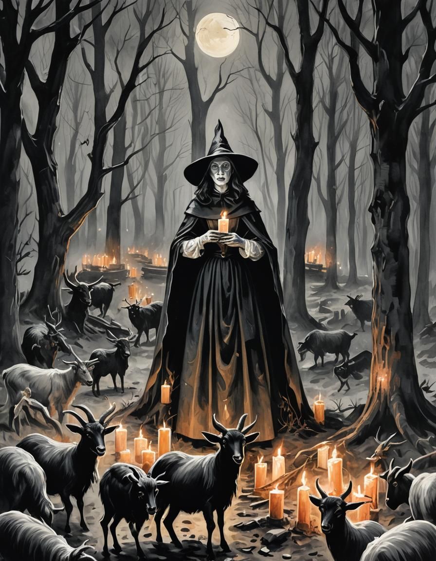 black and white folk-horror beautiful puritan new-england witch with ...