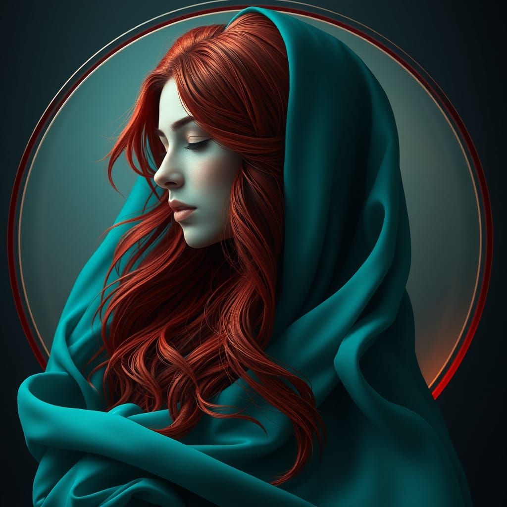 Elegant Woman in Teal Fabrics, Encased in a Circul... - AI Art