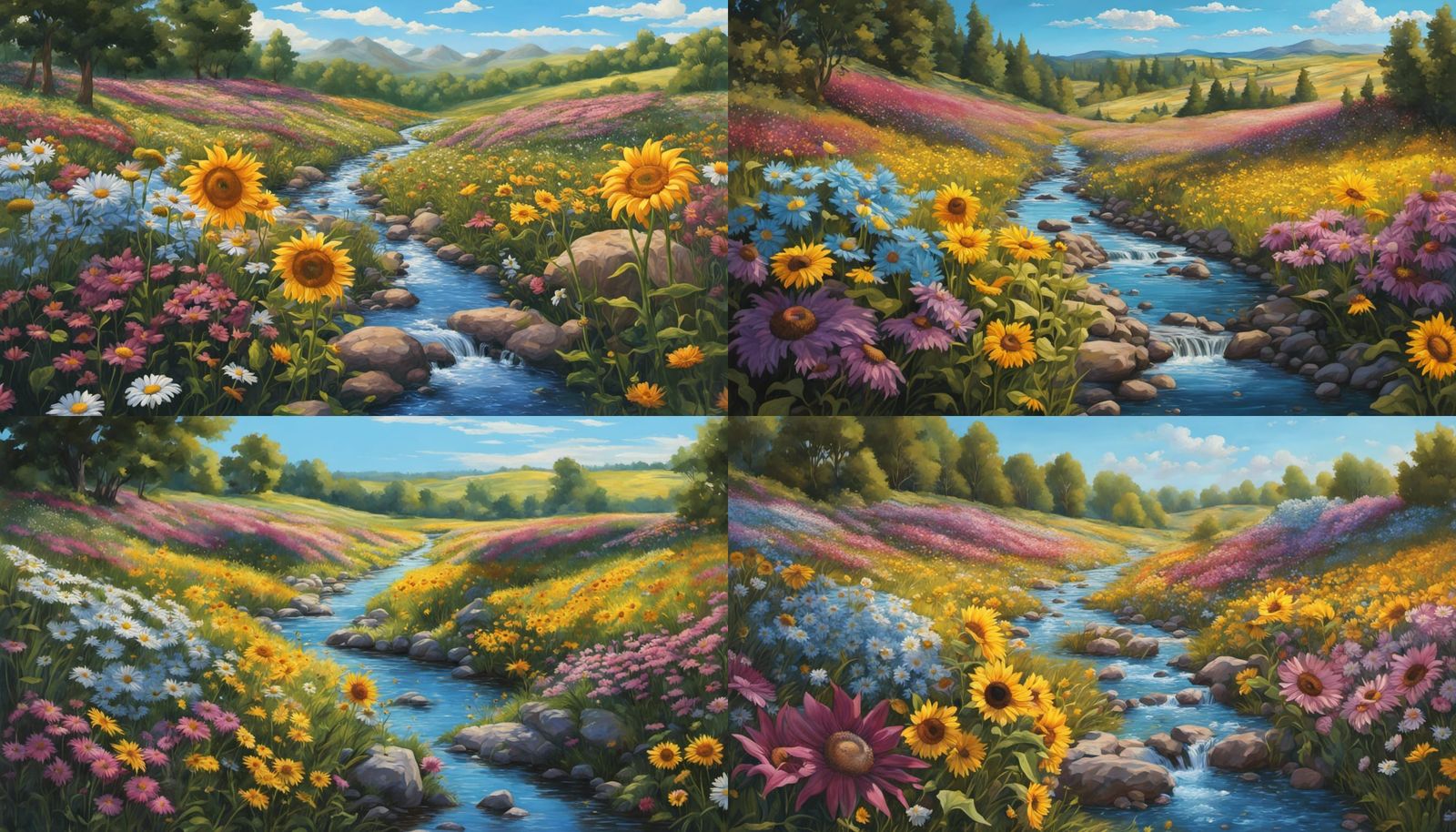 A bubbling brook meanders through a colourful meadow full of daisies and sunflowers. The sky is ...