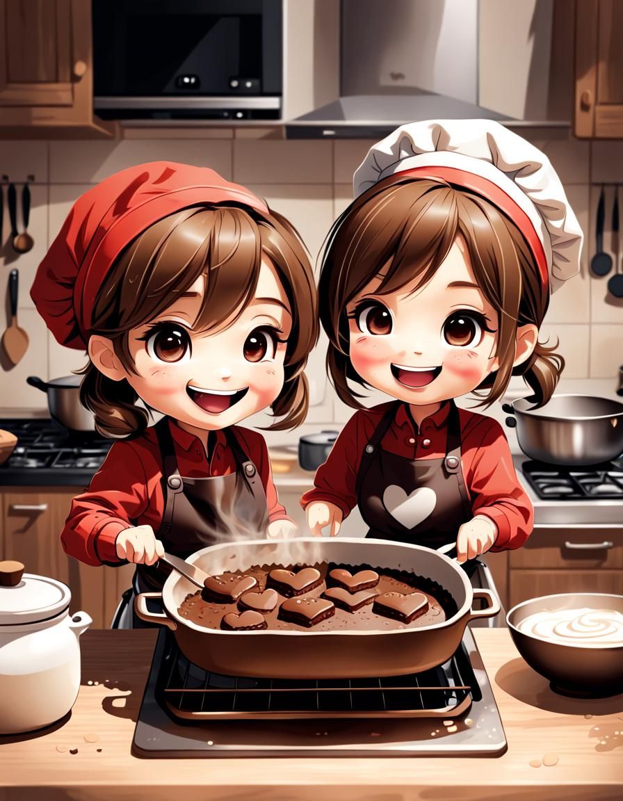 Chibi Girls cooking Brownies - AI Generated Artwork - NightCafe Creator