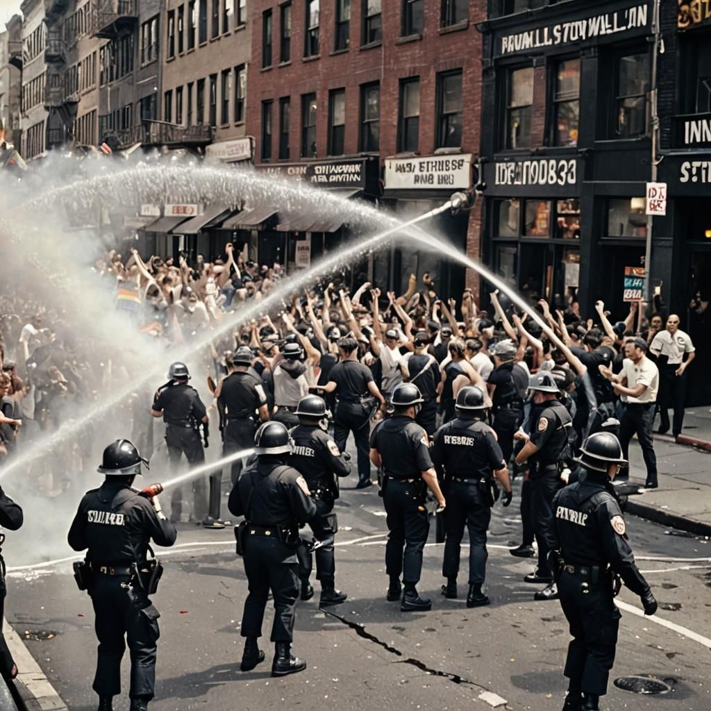 Riot police holding a line spraying protestors with a fire hose. The ...