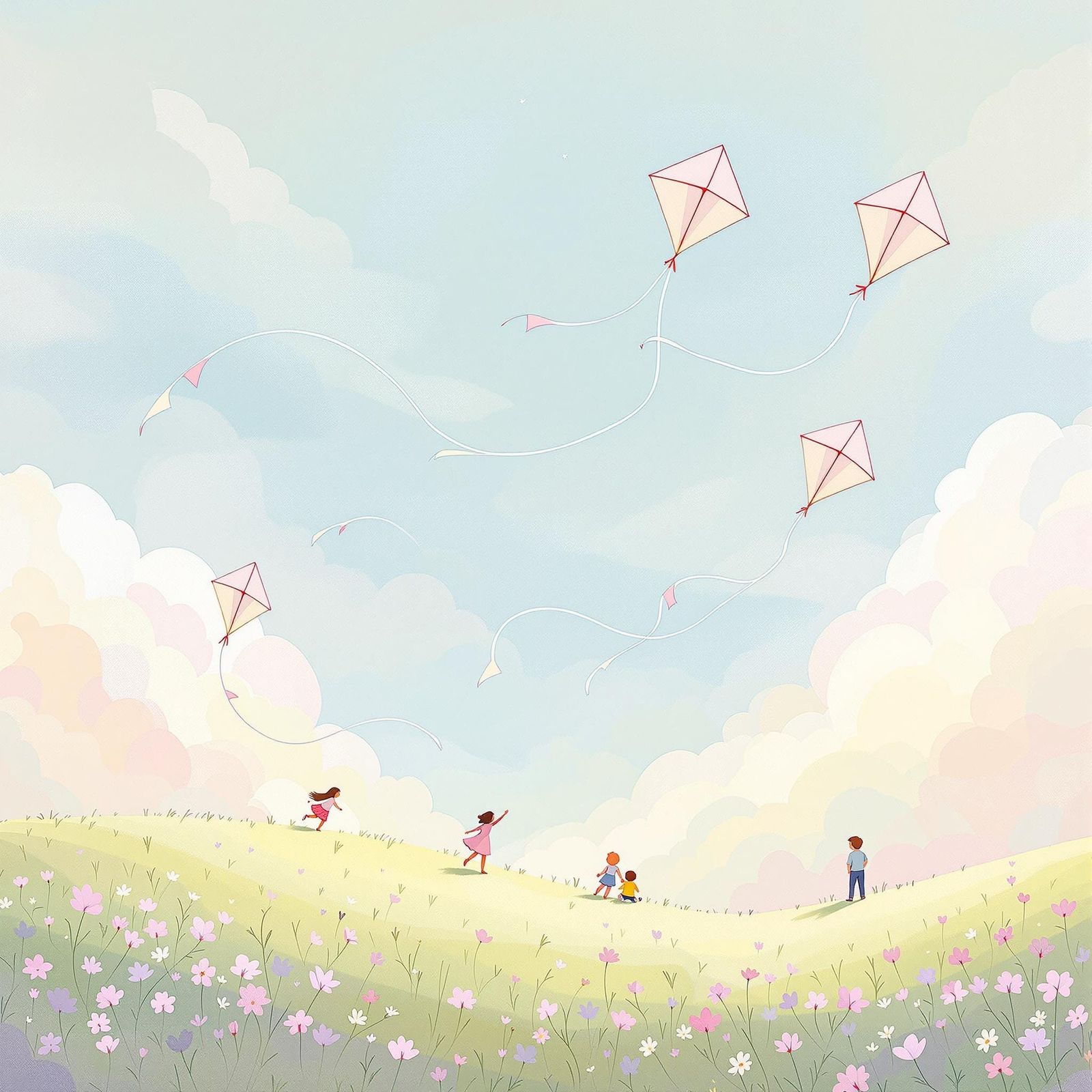 Pastel Kites - Whimsical Pastel Kites Soar in a Dreamy Sky