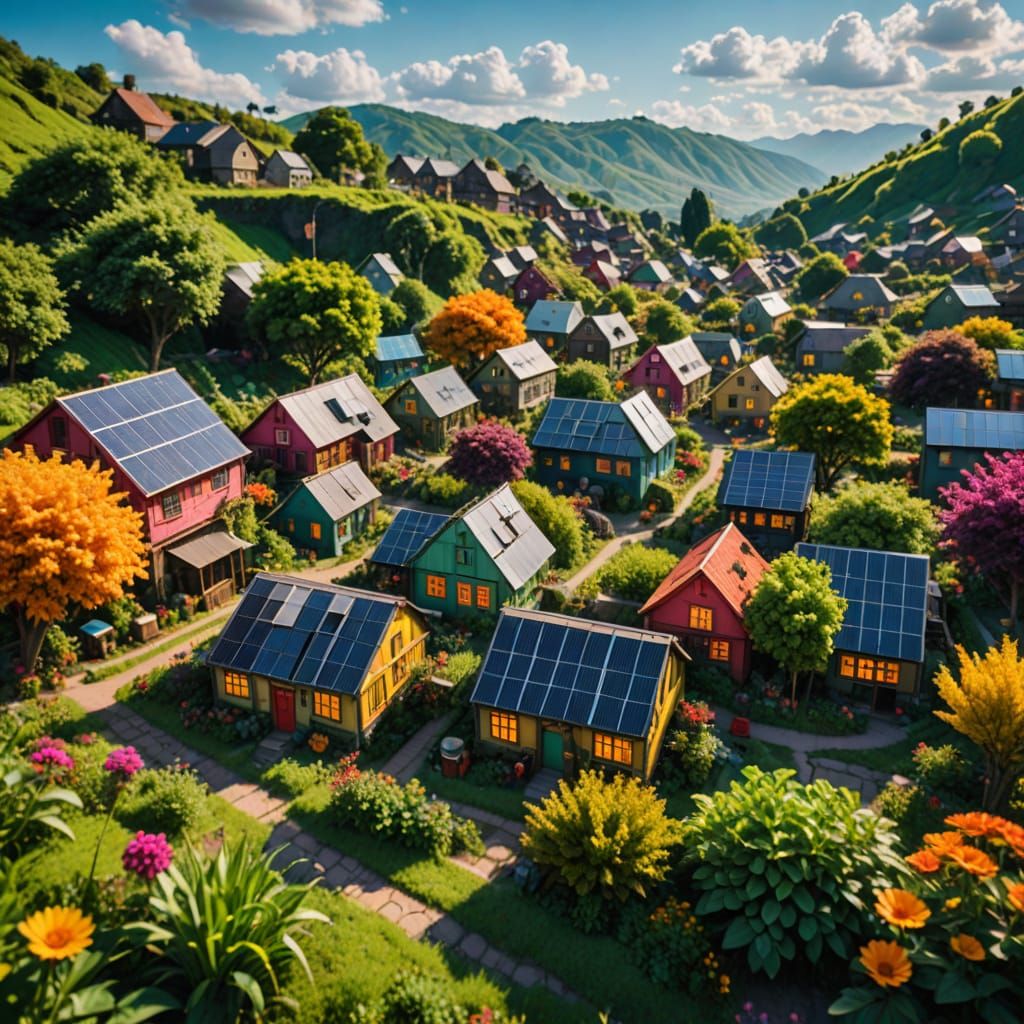 Vibrant Solarpunk Village Scene - AI Art
