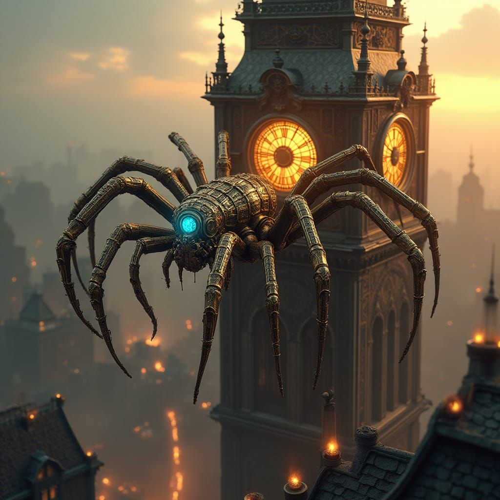 A steampunk automaton spider gracefully descends from a Victorian-era ...