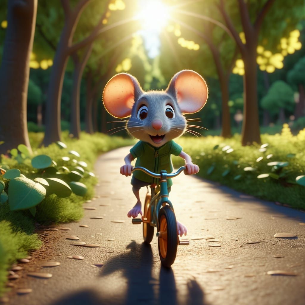 Charming CGI Mouse Pedals Through Vibrant Park - AI Art