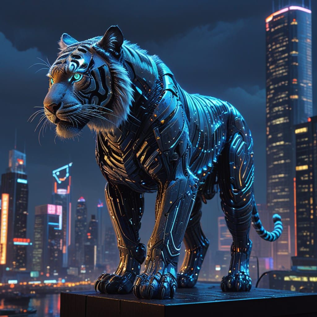 Android tiger - Cyberpunk Android Tiger Roams a Futuristic...