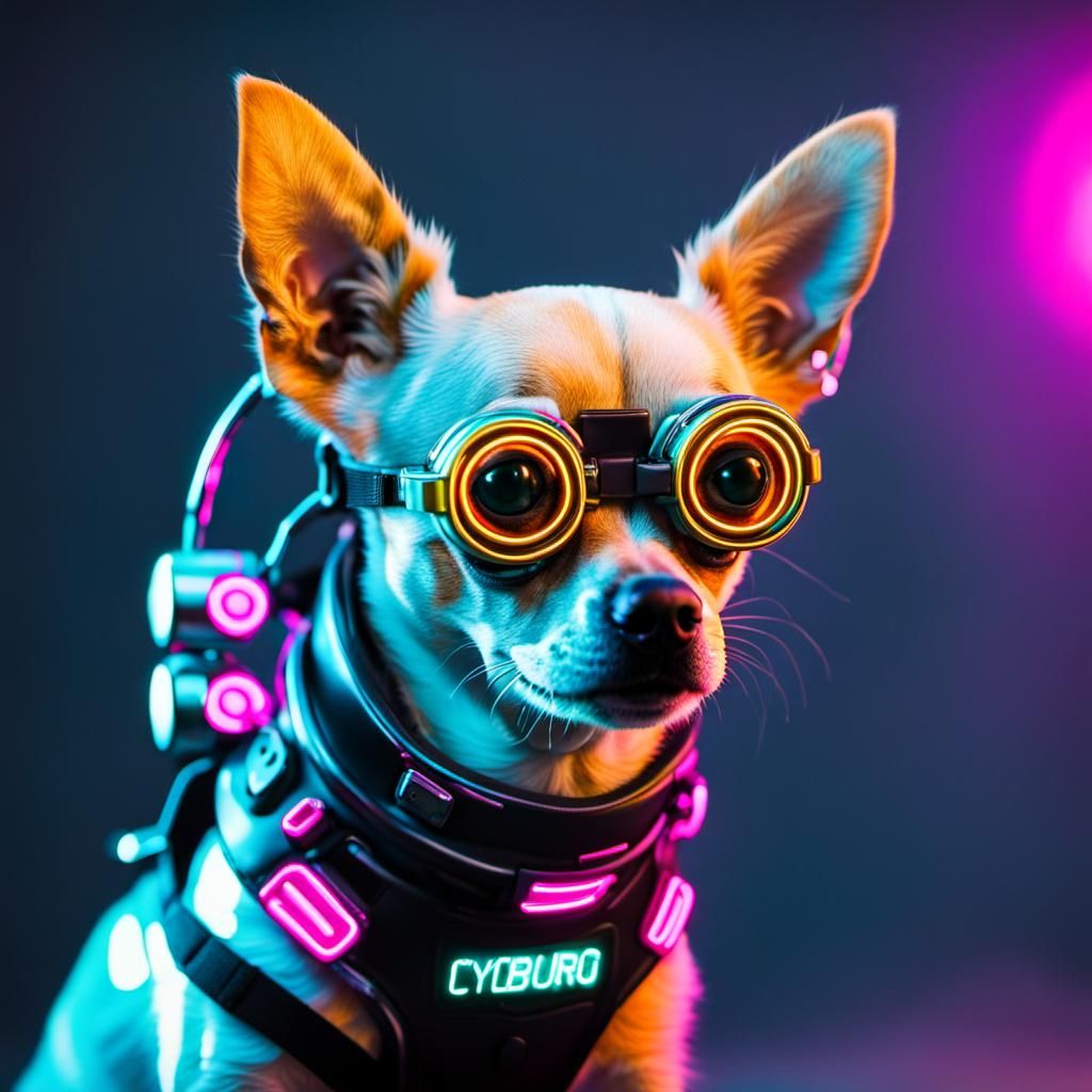 Cyborg chihuahua dog wearing cyborg parts, neon Tokyo photo shoot ...
