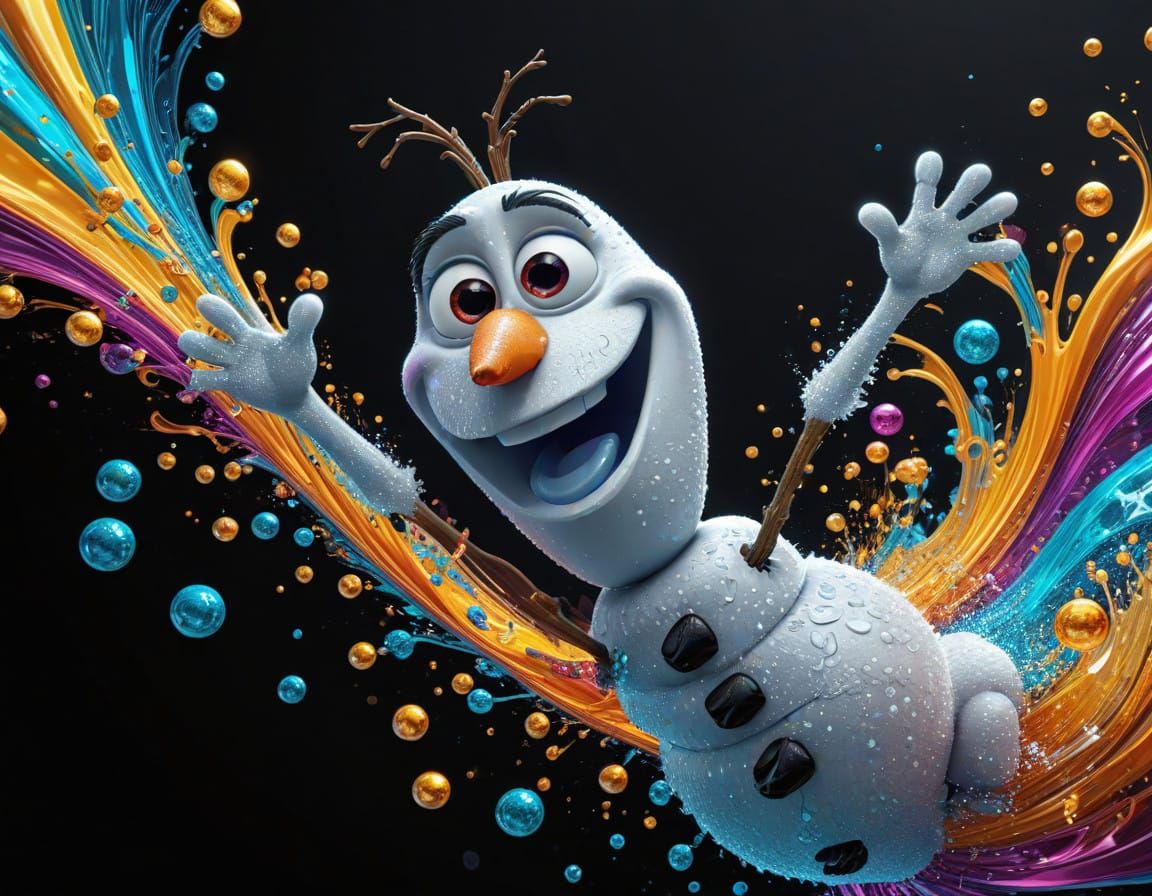 Vibrant Cartoon Olaf Leaps in Colourful Whimsy - AI Art